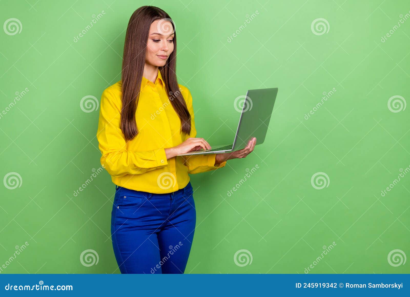 Photo Of Smart Millennial Brown Hairstyle Lady Look Laptop Wear Shirt