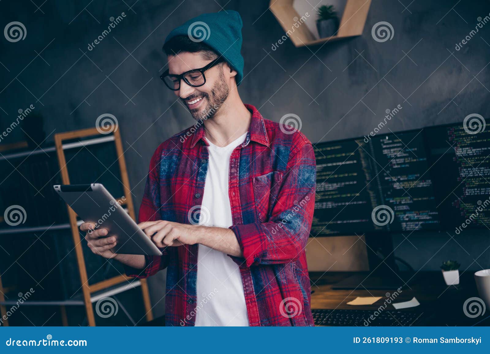 Photo of Smiling Cheerful Programmer Wear Spectacles Creating Ebank ...