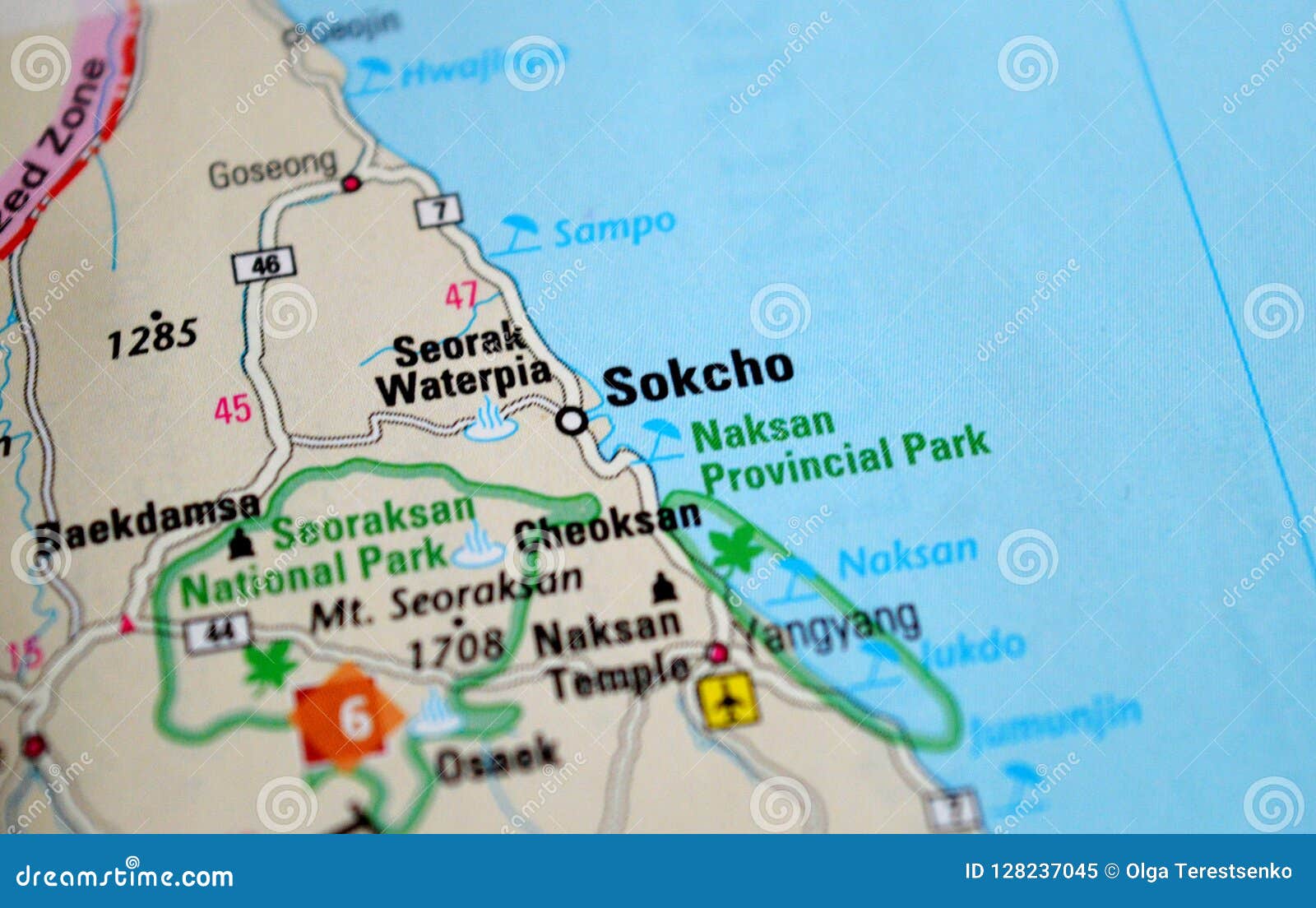 A photo of Sokcho on a map stock image. Image of destination - 128237045