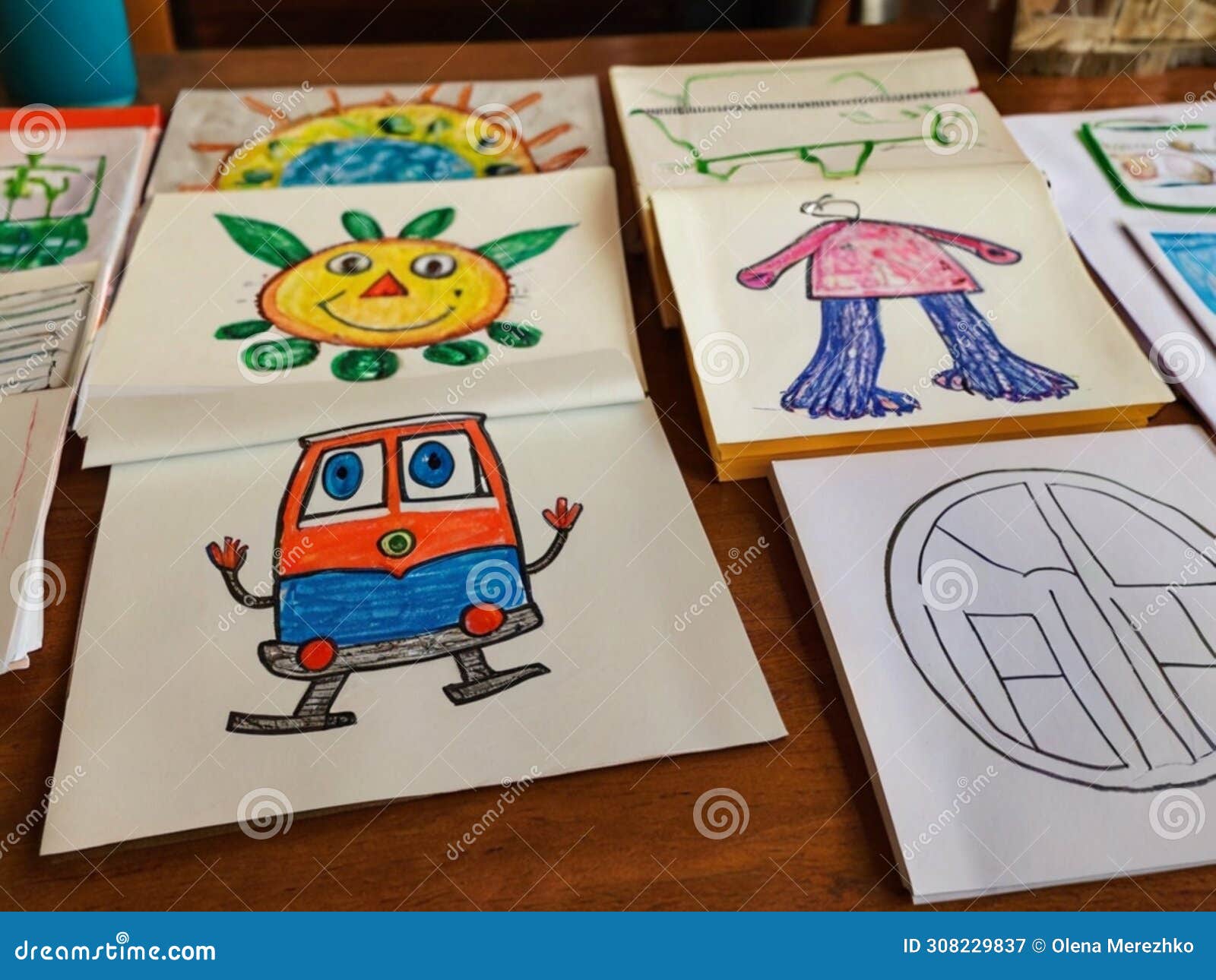 A Stack of Children S Drawings on the Table. Stock Illustration ...