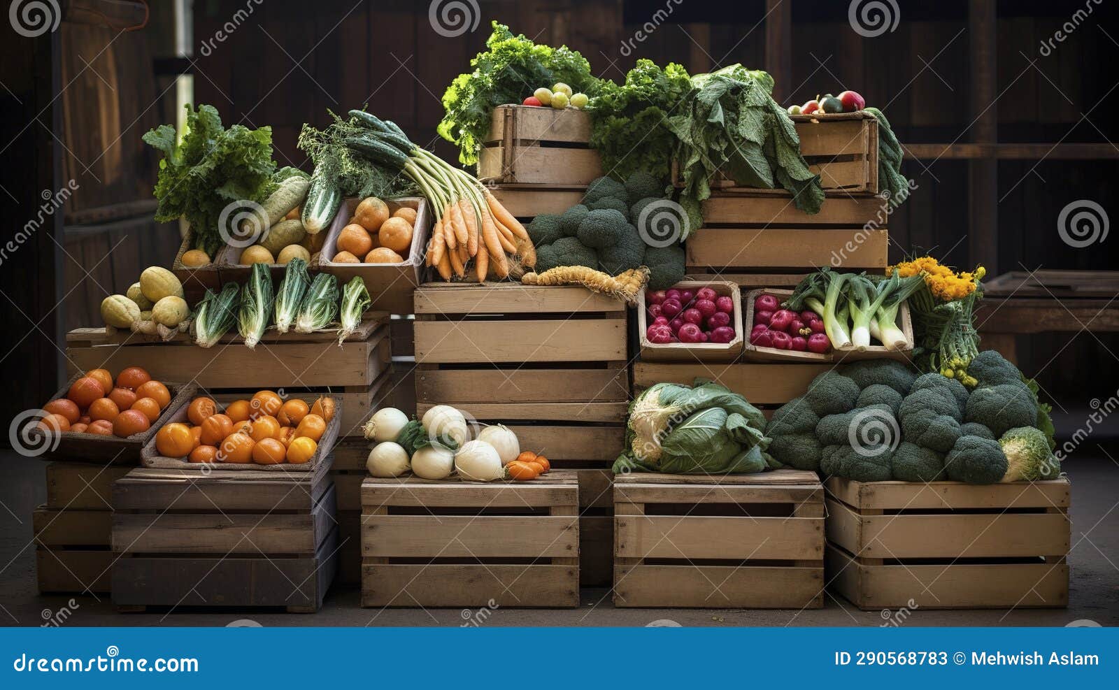 A Photo of a Stack of Wooden Crates Filled with Fresh Produce Stock ...