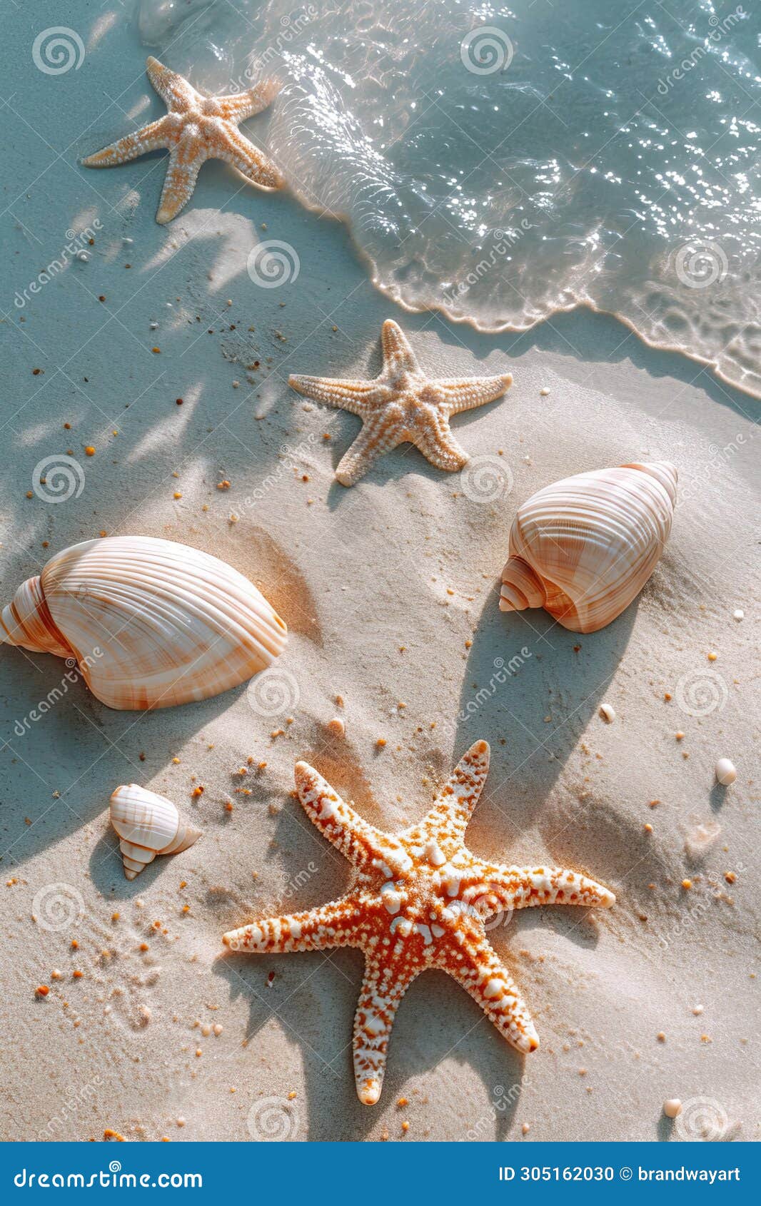 Starfish and Shells on Sandy Beach Stock Illustration - Illustration of ...