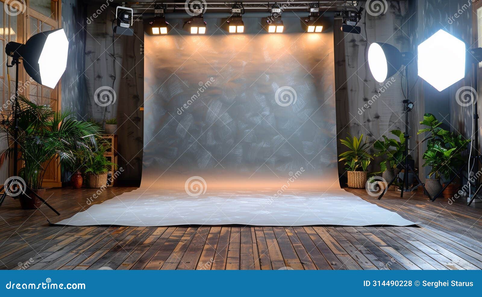 A Photo Studio with a Backdrop and Lights on the Floor, AI Stock ...
