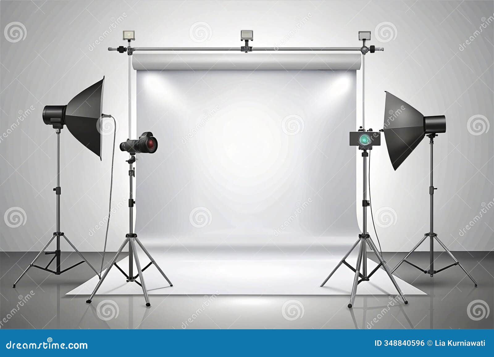 Photo Studio Setup with Lighting, Backdrop, and Cameras Stock Photo ...