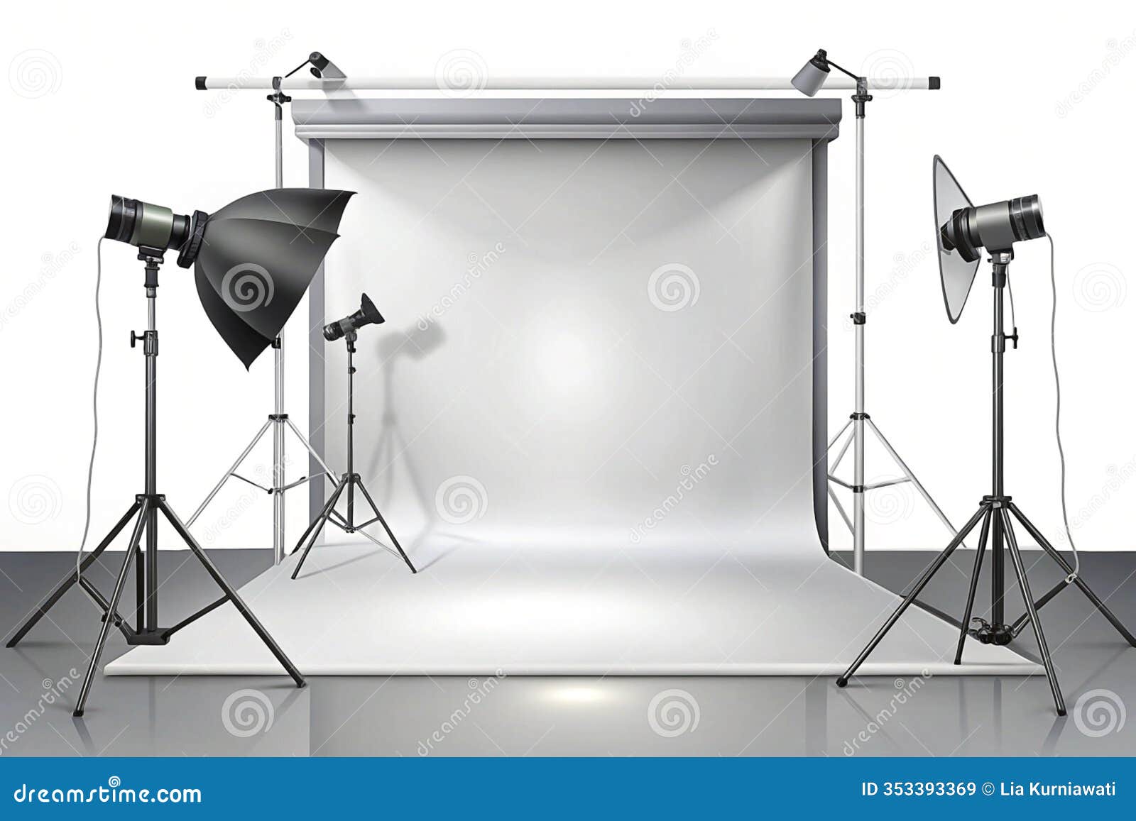 Photo Studio Setup with Lights, Backdrop, and Tripods Stock ...