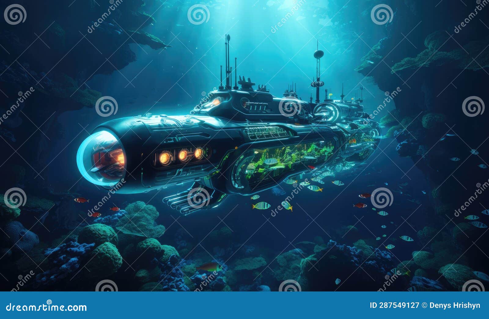 Photo of a Submarine Floating in the Ocean Surrounded by Fish Stock ...