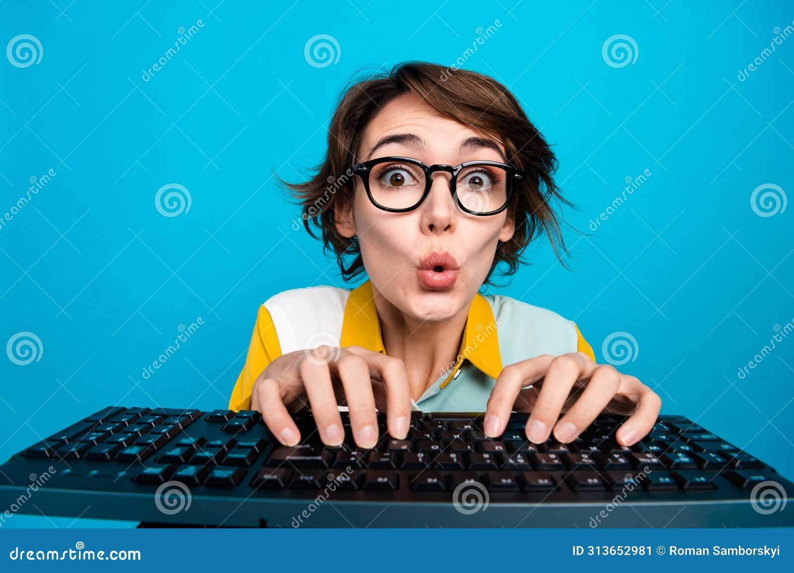 Photo of Surprised Lady Manager Using Computer Typing Programming ...
