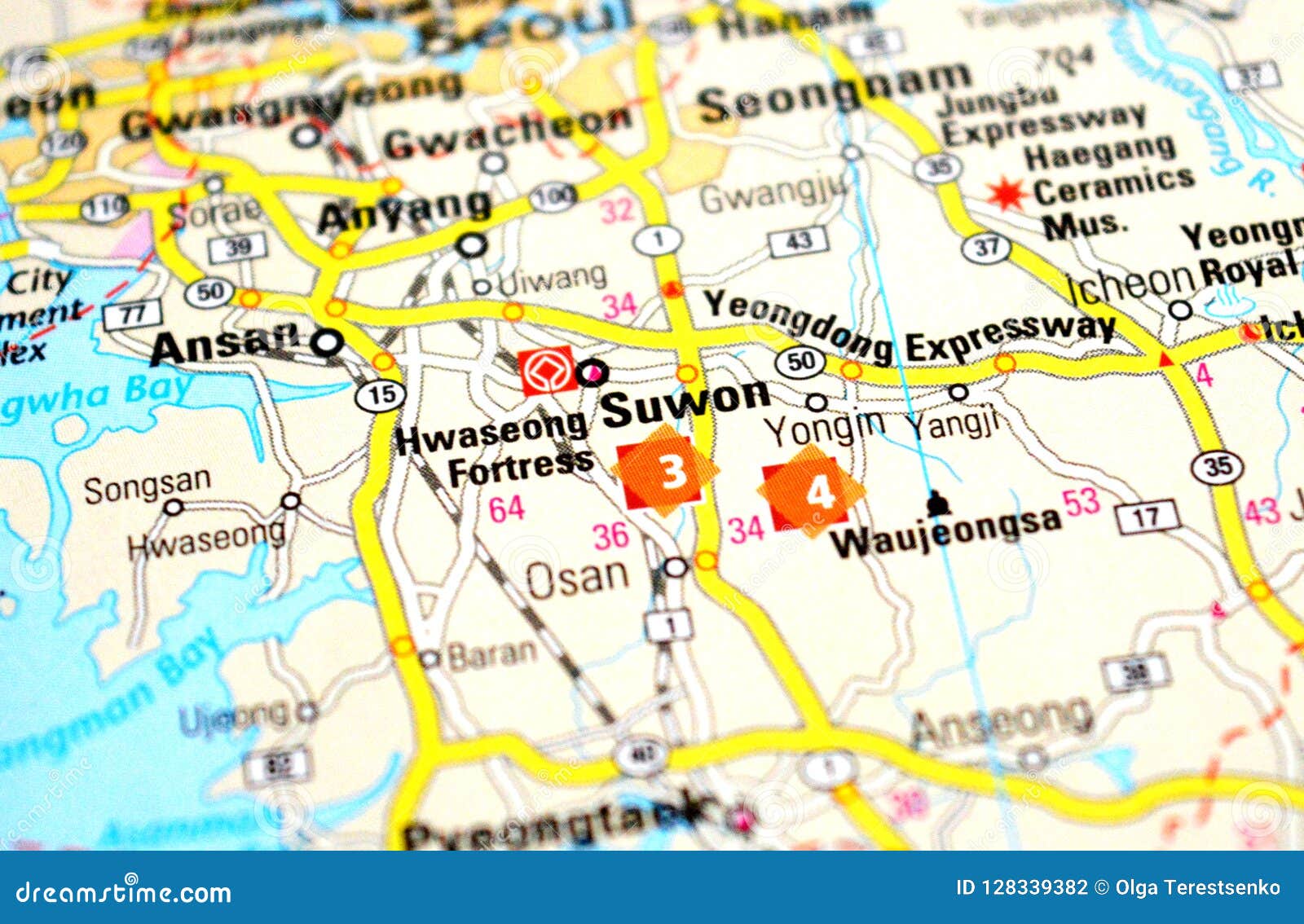A photo of Suwon on a map stock photo. Image of road - 128339382