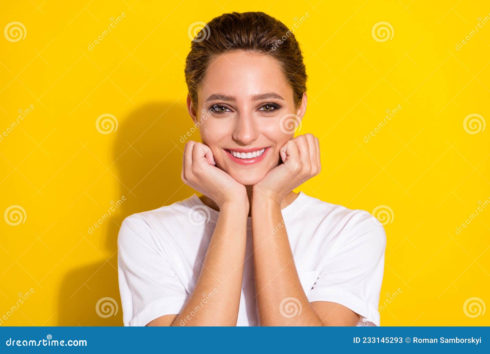 Photo Of Sweet Brown Short Hairdo Young Lady Hands Face Wear White T