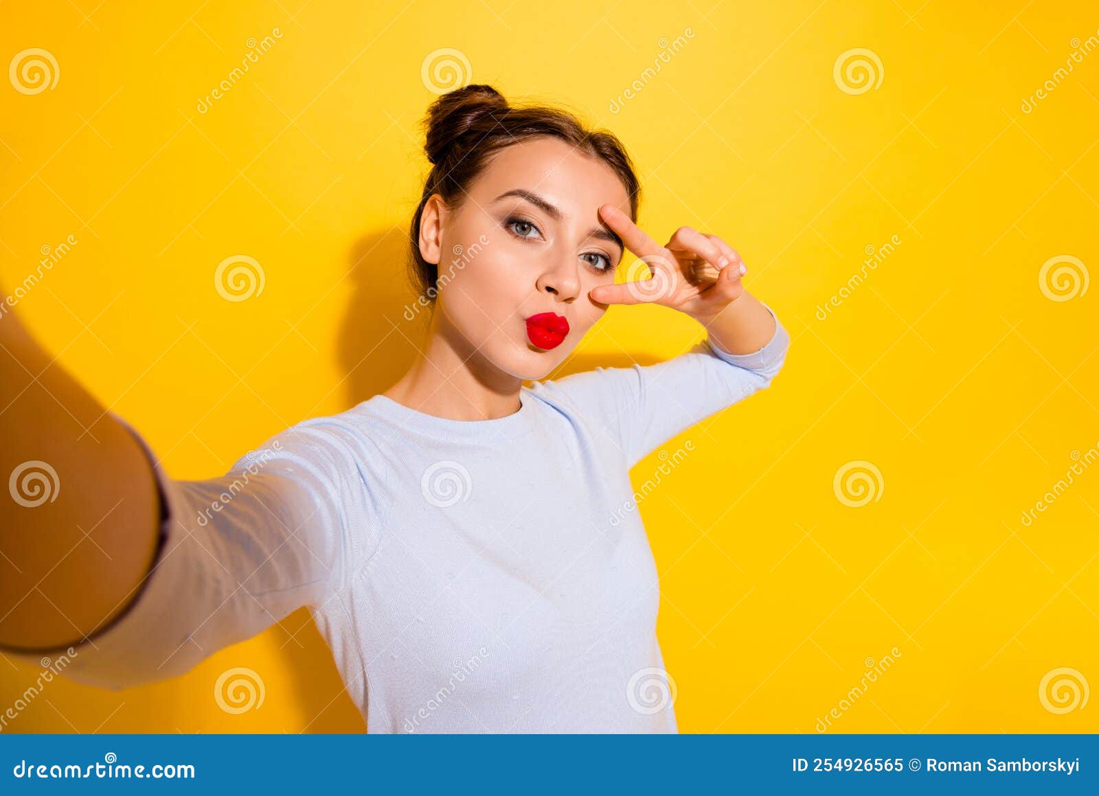 Photo Of Sweet Lovely Girl Dressed White Shirt Tacking Selfie Lips