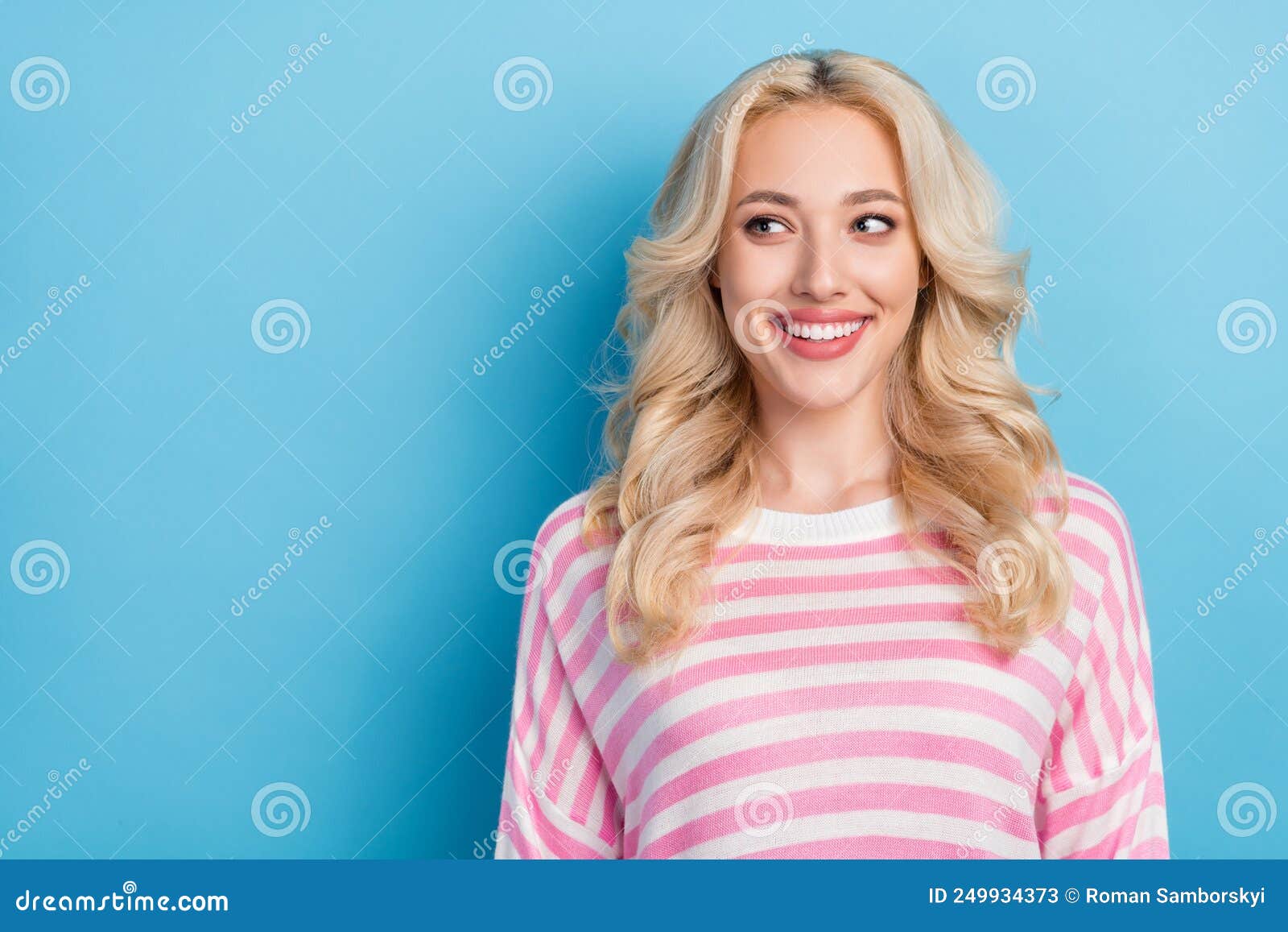 Photo Of Sweet Millennial Blond Hairdo Lady Look Promo Wear Pink Shirt