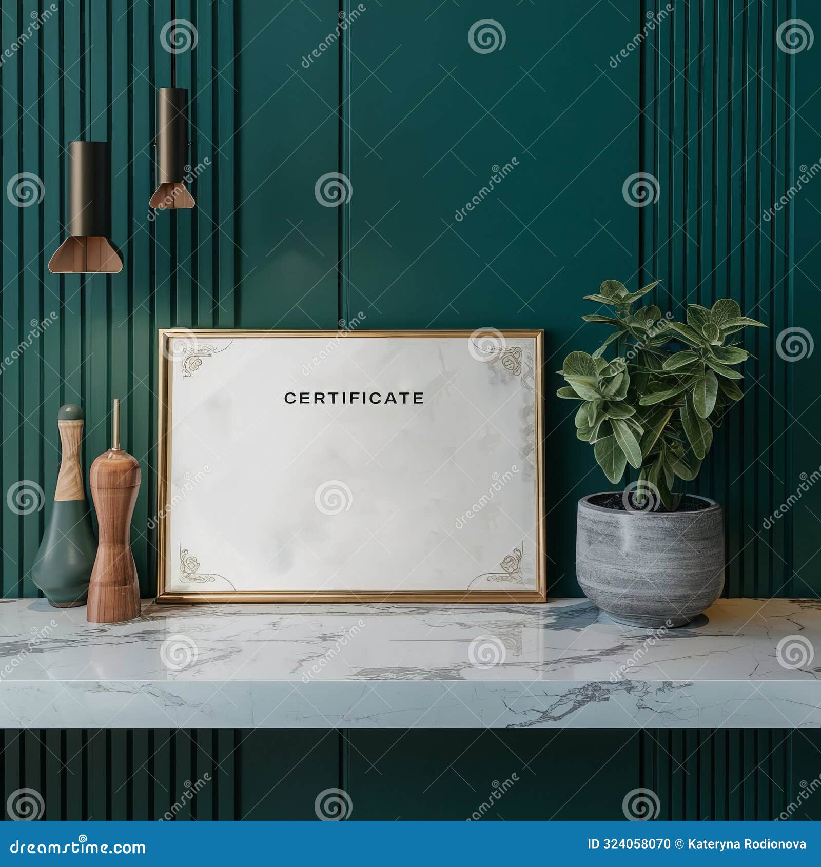 A Blank Certificate in a Frame Sits on a Marble Shelf with a Minimalist ...