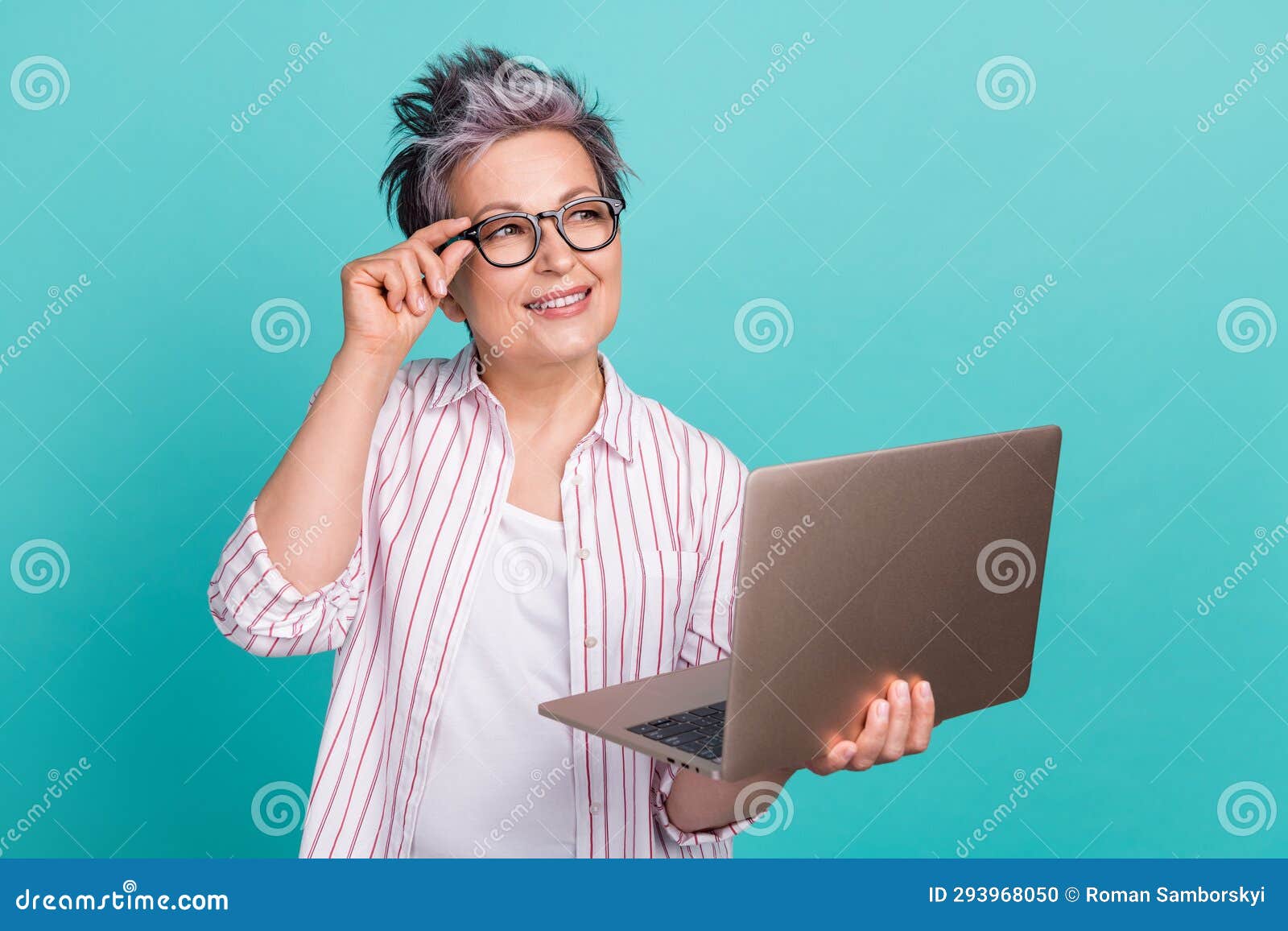 Photo of Thoughtful Senior Business Lady Web Sql Developer Coder Programmer Touch Specs Look ...