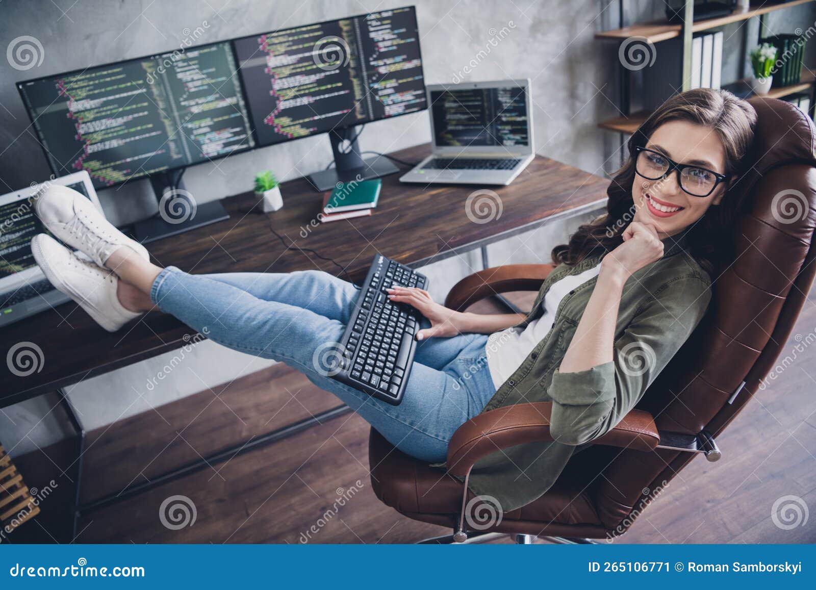 Photo of Thoughtful Smiling Lady Administrator Wear Spectacles Writing ...