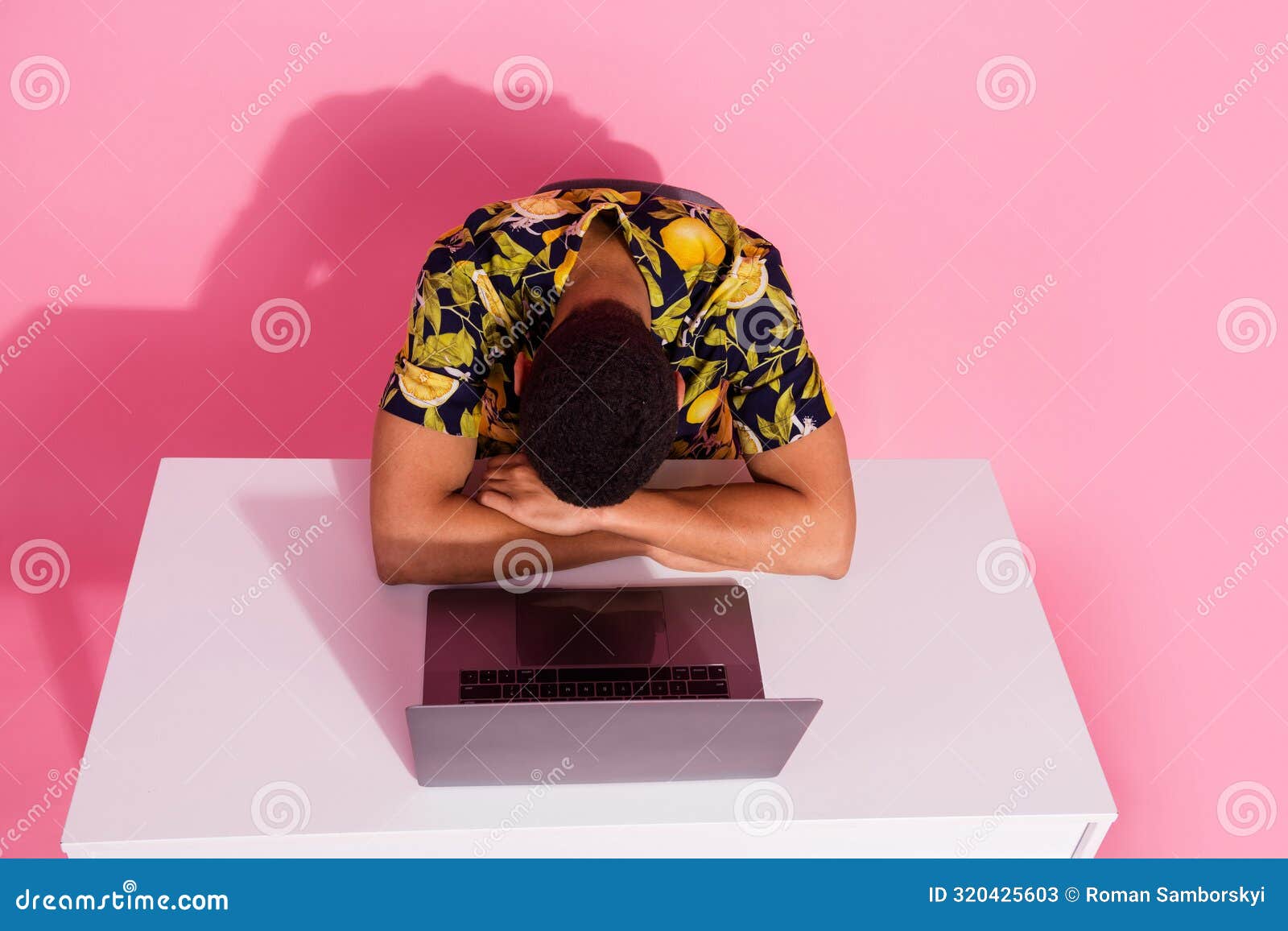 Photo Top View of Sleeping Guy Sit Table with Netbook Isolated Pastel ...