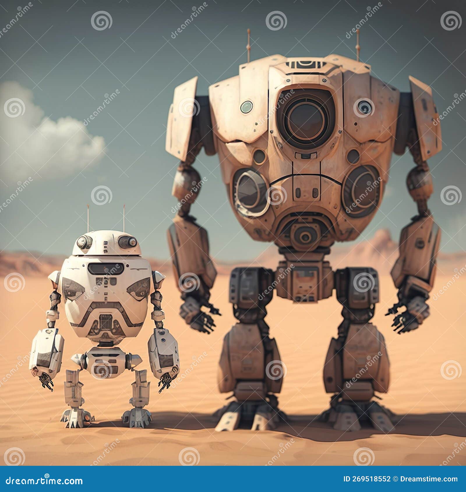 Photo Of Two Big And Small Robots Standing Straight In The Desert Generative Ai Stock