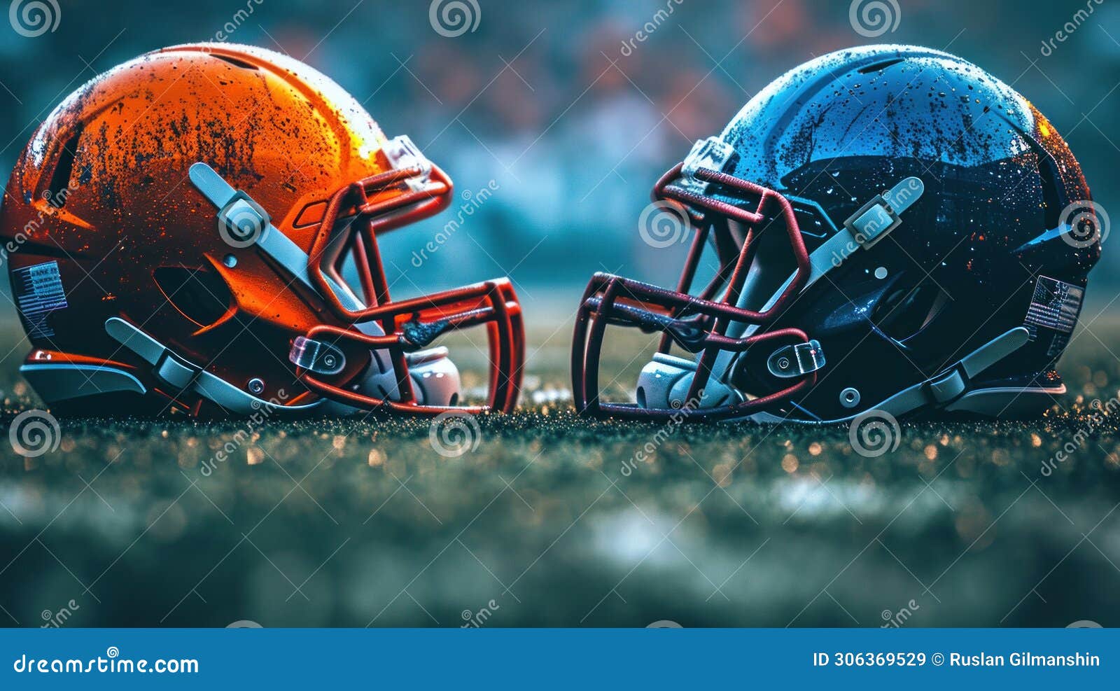 Photo of Two Football Helmets on Stadium Stock Image - Image of action ...