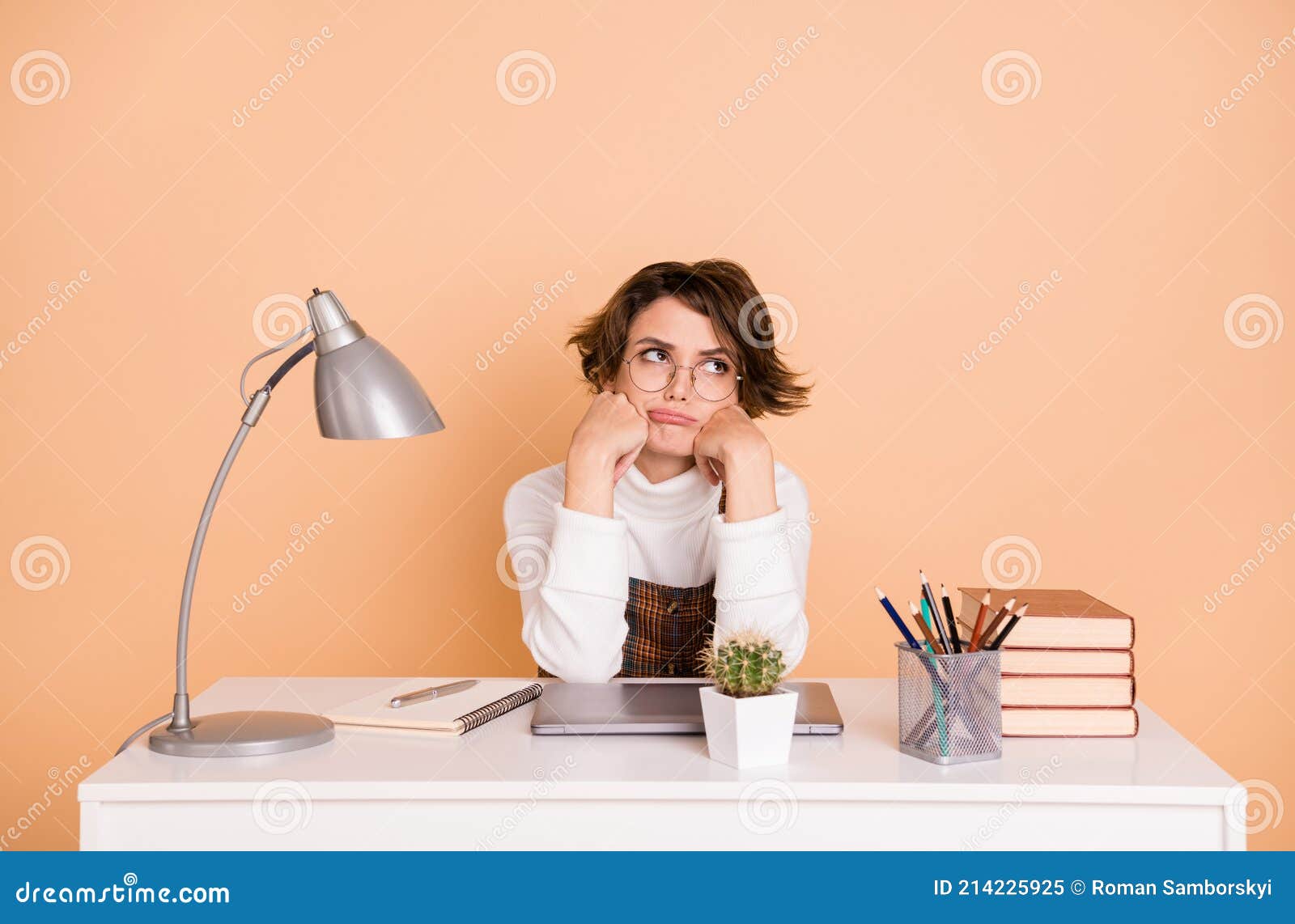 Photo Of Upset Nice Short Hairdo Girl Sit Hands Face Look Empty Space