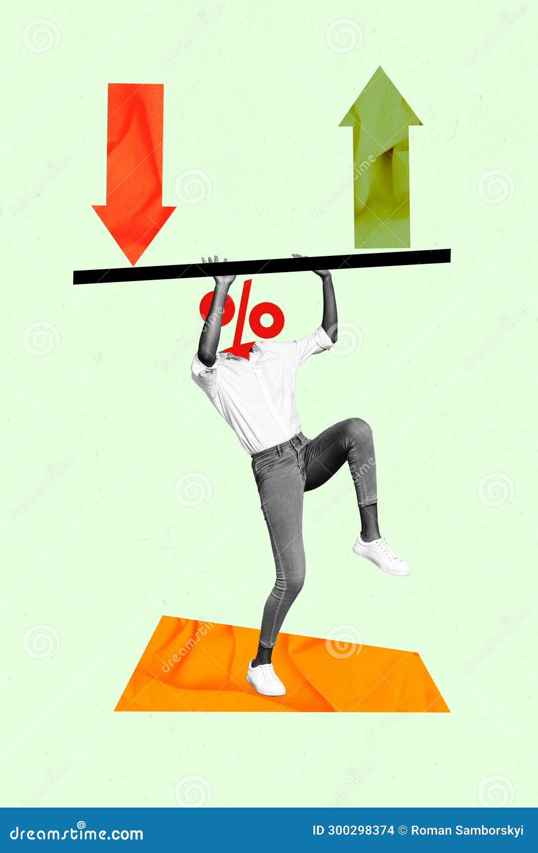 Photo Vertical Collage Picture Person Holding Two Arrows Up Down Percentage Balance Profit ...