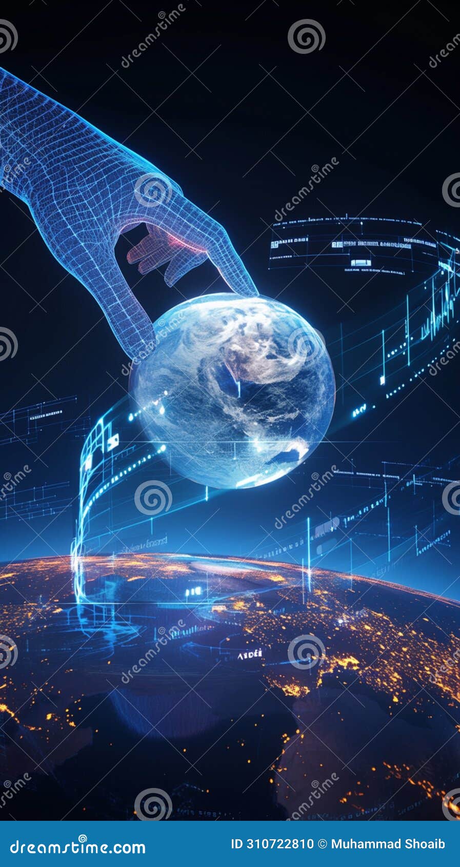 Photo Virtual Hand Interacts With Digital Planet In Coding Environment ...