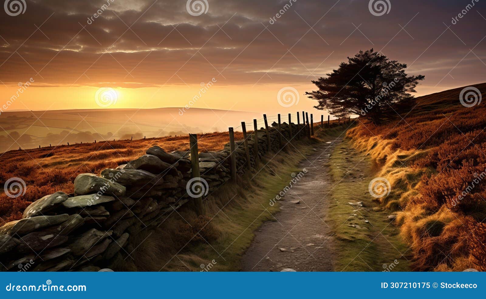 Early Morning Scenery on English Moors with Stone Fence Stock ...
