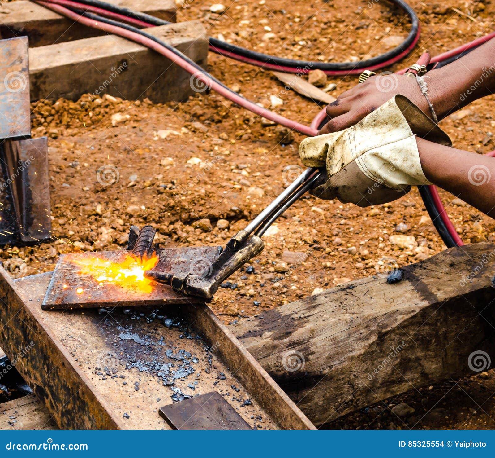 Photo of Worker Doing Gas Cutting on Steel Stock Photo - Image of steel ...