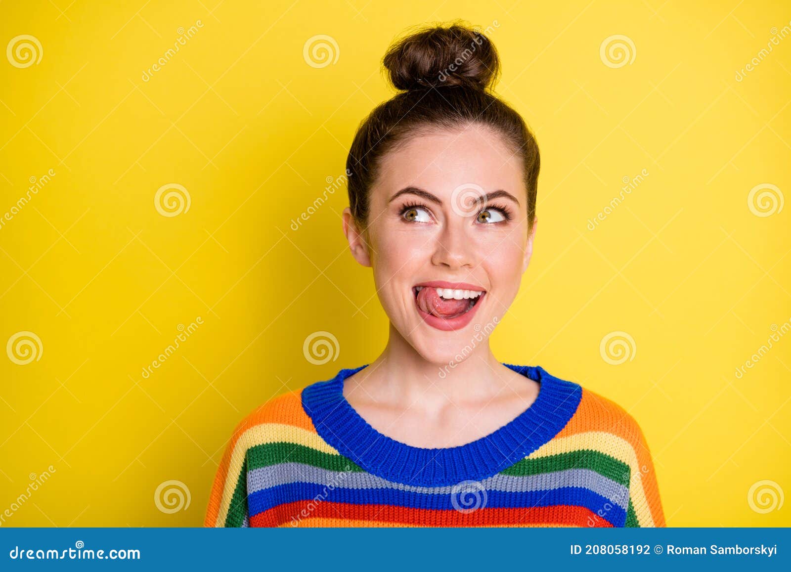 Photo Of Young Beautiful Playful Girl Show Tongue Lick Lips Dreamy Look