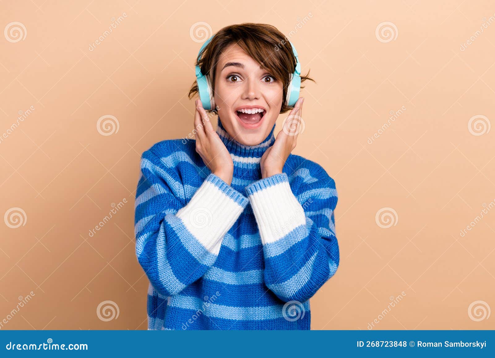 Photo Of Young Excited Funky Girl Wear Stylish Striped Turtleneck Touch
