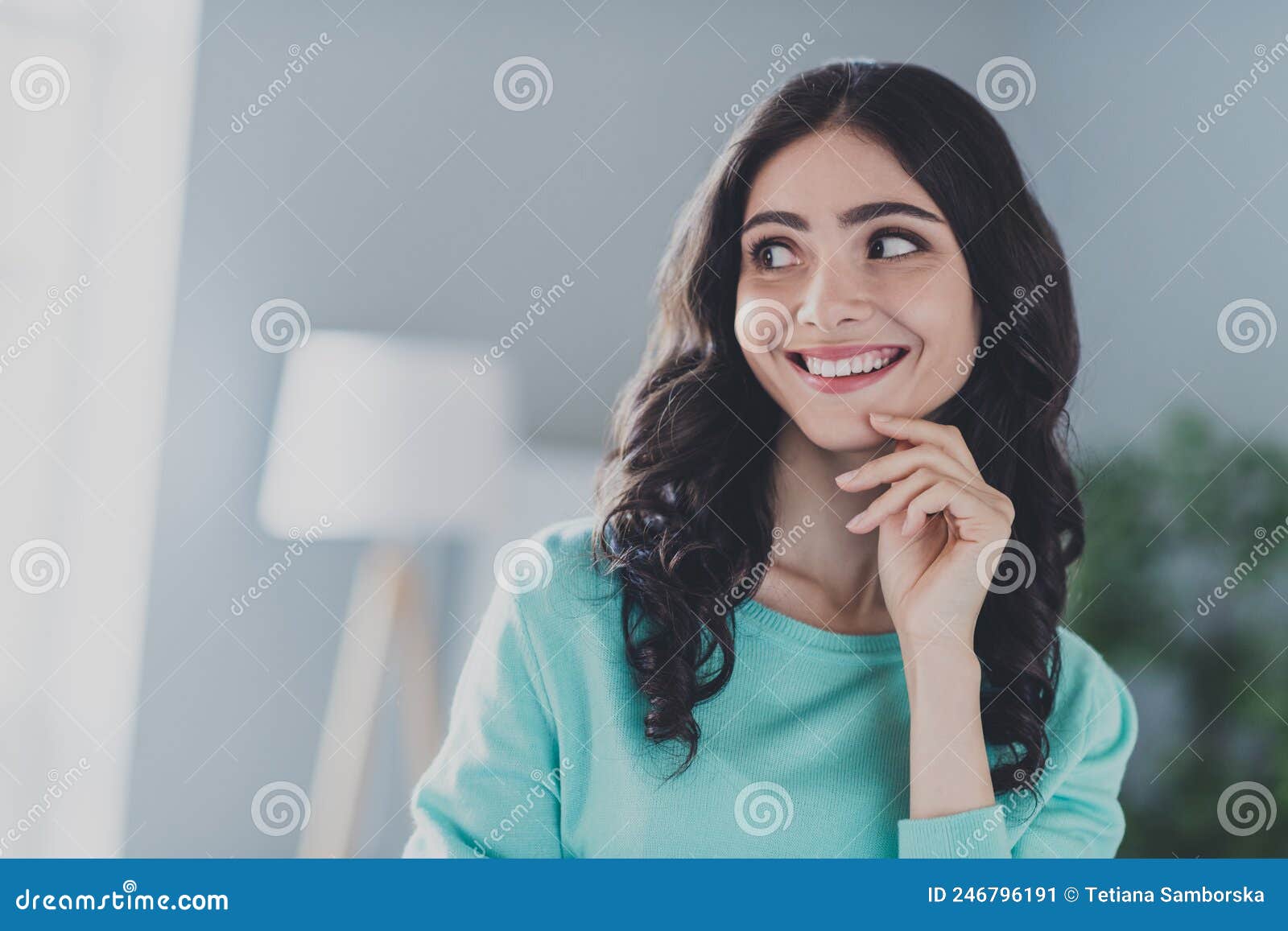 Photo Of Young Pretty Woman Hand Touch Chin Dreamy Minded Wonder Idea