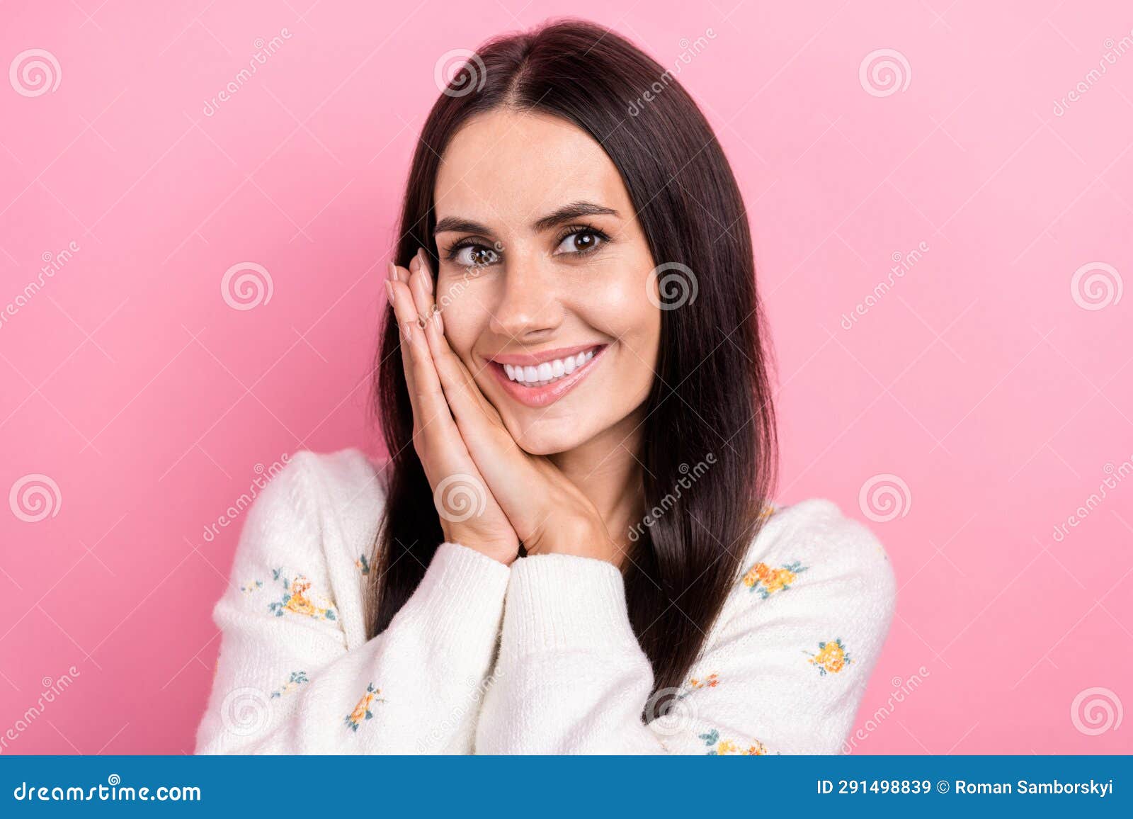 Photo Of Young Relax Hands Together Touch Cheek Cute Lady Beaming Smile