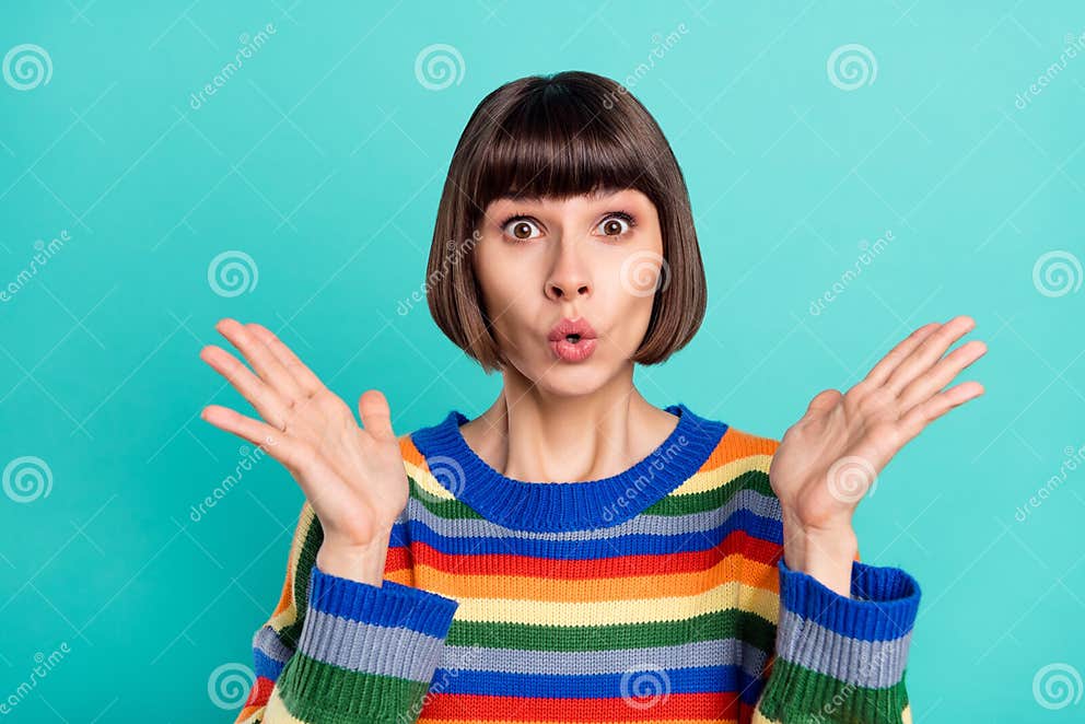 Photo Of Young Woman Amazed Shocked Omg Wow Fake Novelty Information Isolated Over Teal Color