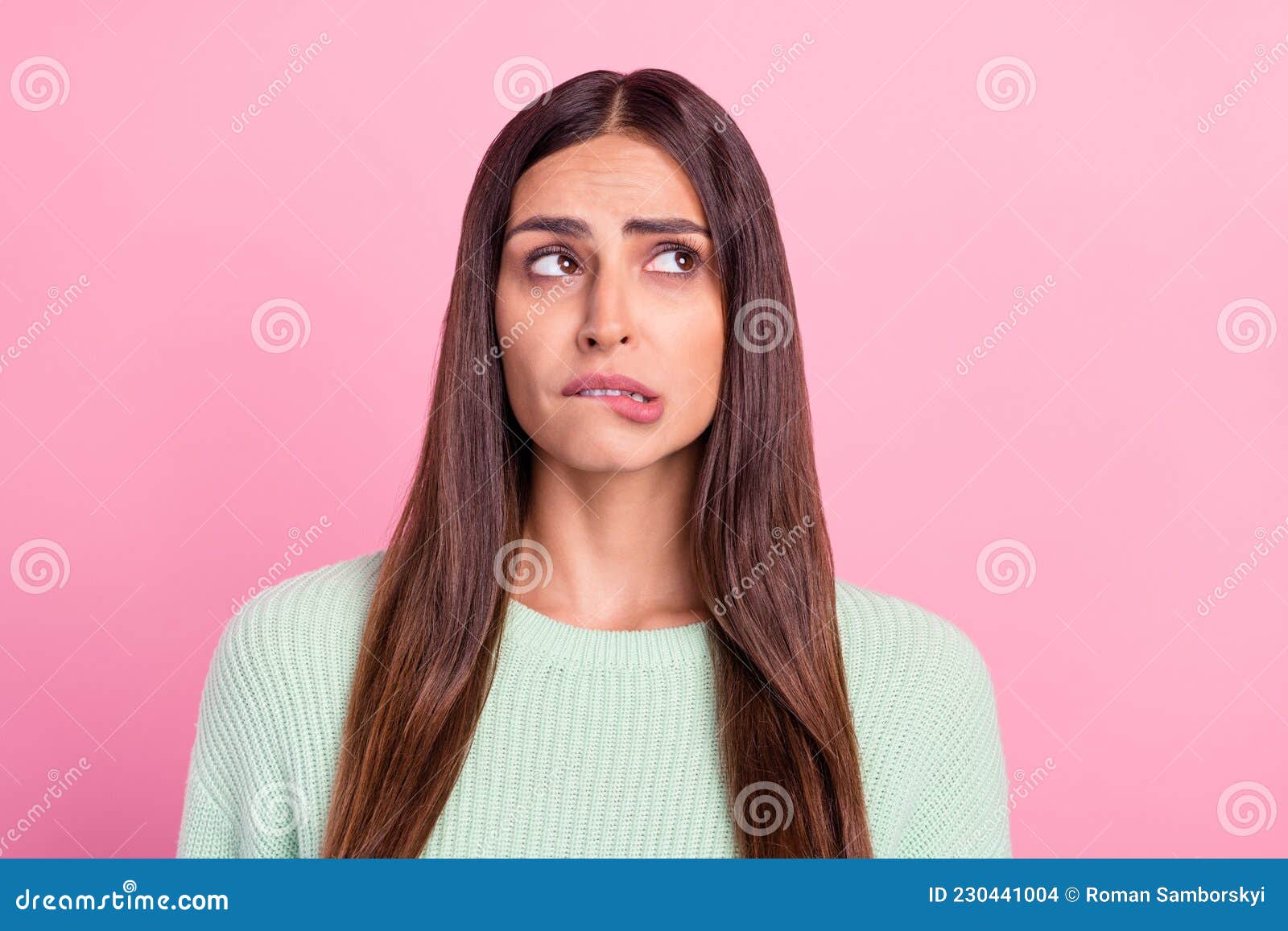 Photo Of Young Woman Bite Lips Teeth Worried Nervous Fail Problem Look Empty Space Isolated Over