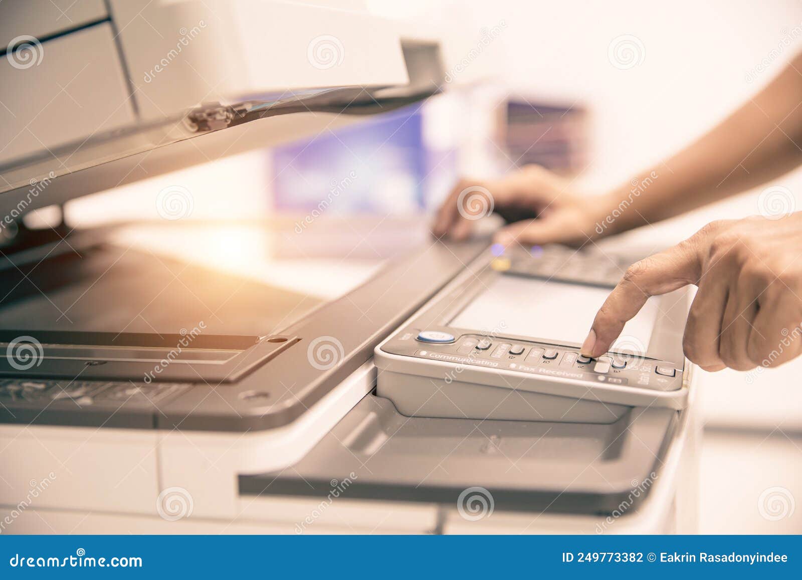 Close Up Hand Office Man Press Copy Button on Panel To Using the Copier ...