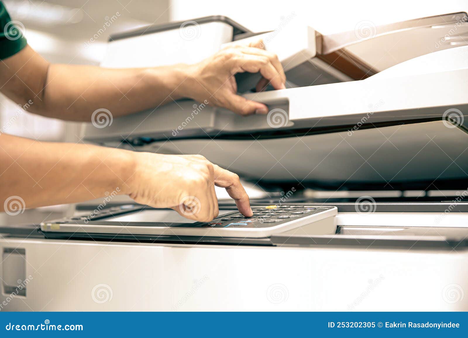 Photocopier Printer, Close Up Hand Office Man Press Copy Button on ...
