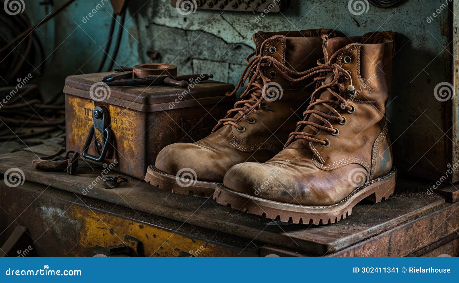 Brown Tan Boots and a Well-worn Toolbox in a Rustic Workshop Stock ...