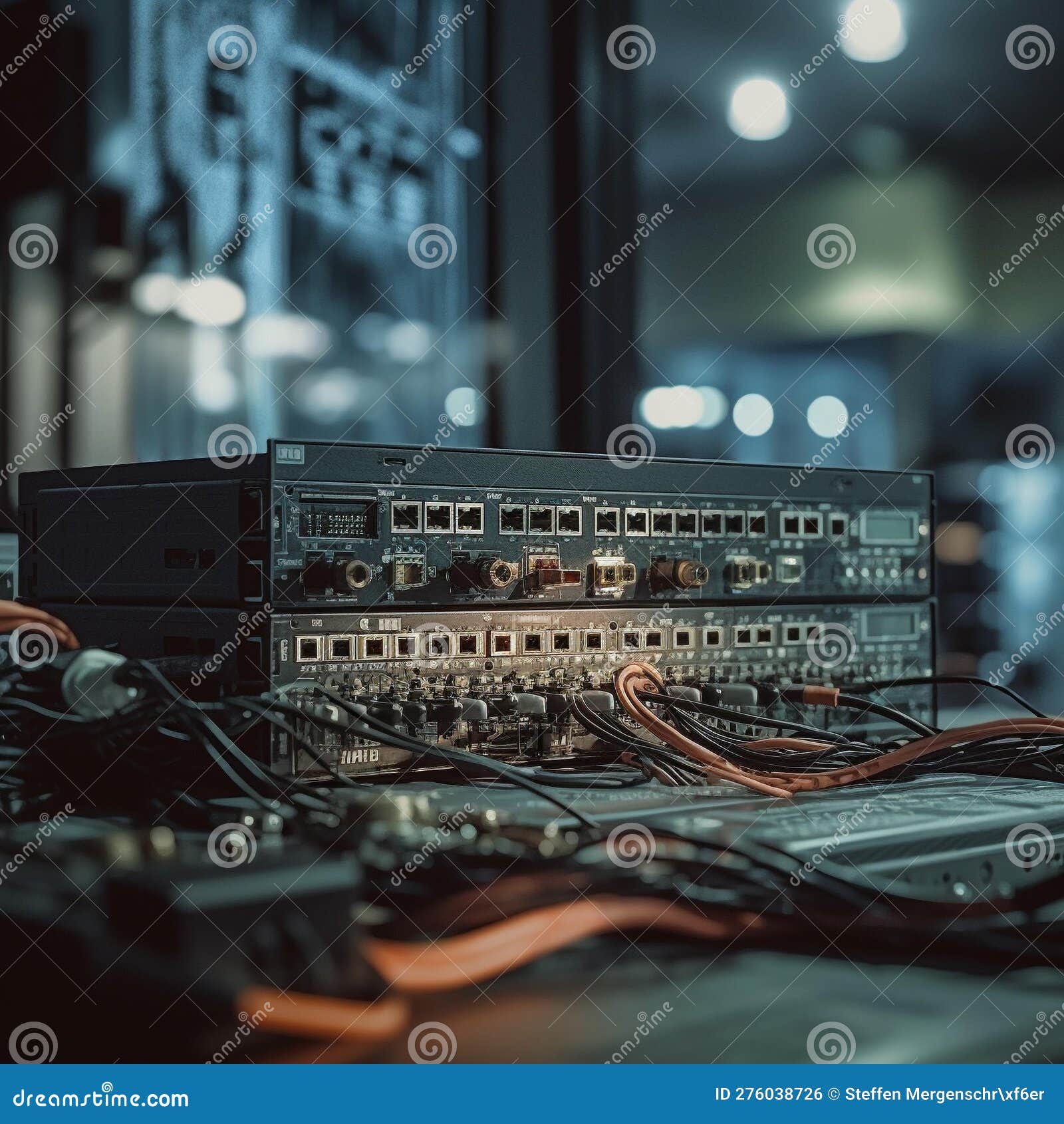 Network Switch with Multiple Cables in Blurred Office Setting at Night ...