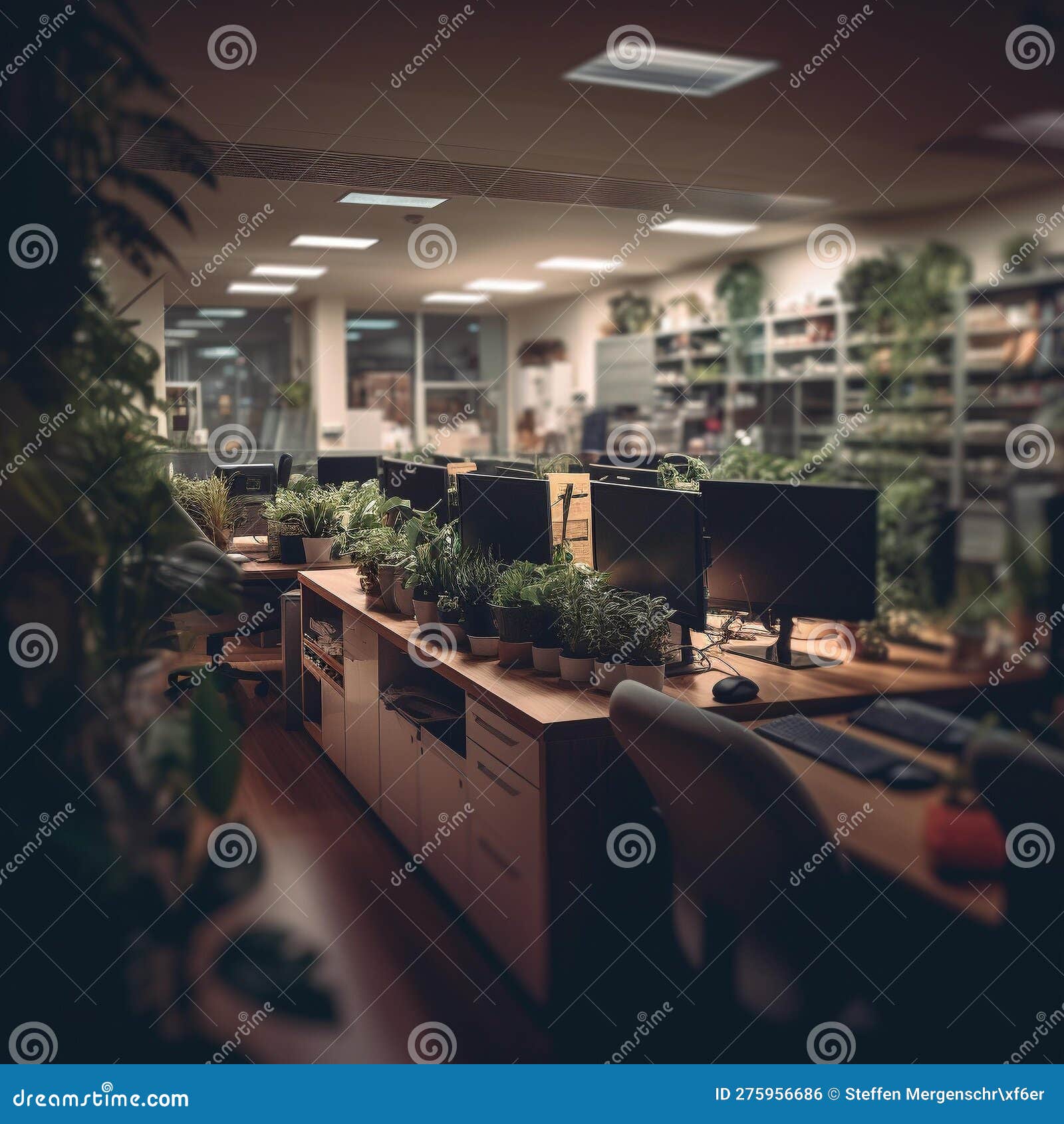 Evening Glow in a Modern Office Space Stock Illustration - Illustration ...