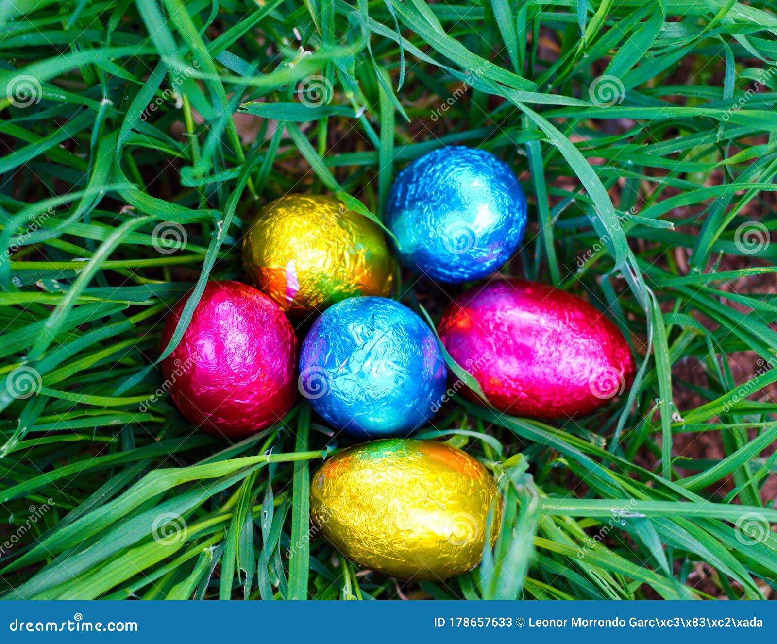 Photograph of Colored Easter Eggs on Grass Nest. Stock Image - Image of ...