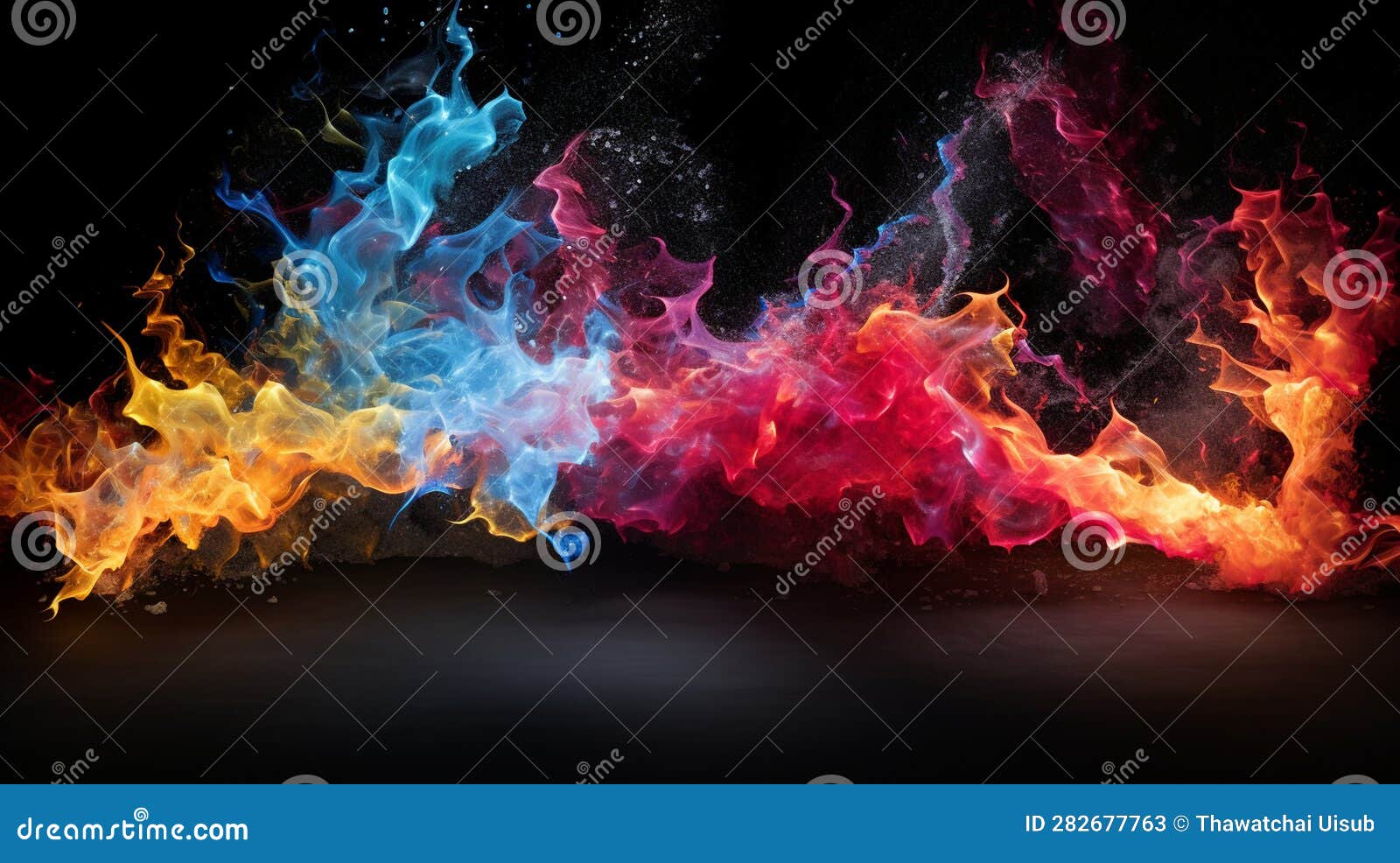 Photograph a Complex Fire Flows Stream of Colors on a Black Background ...