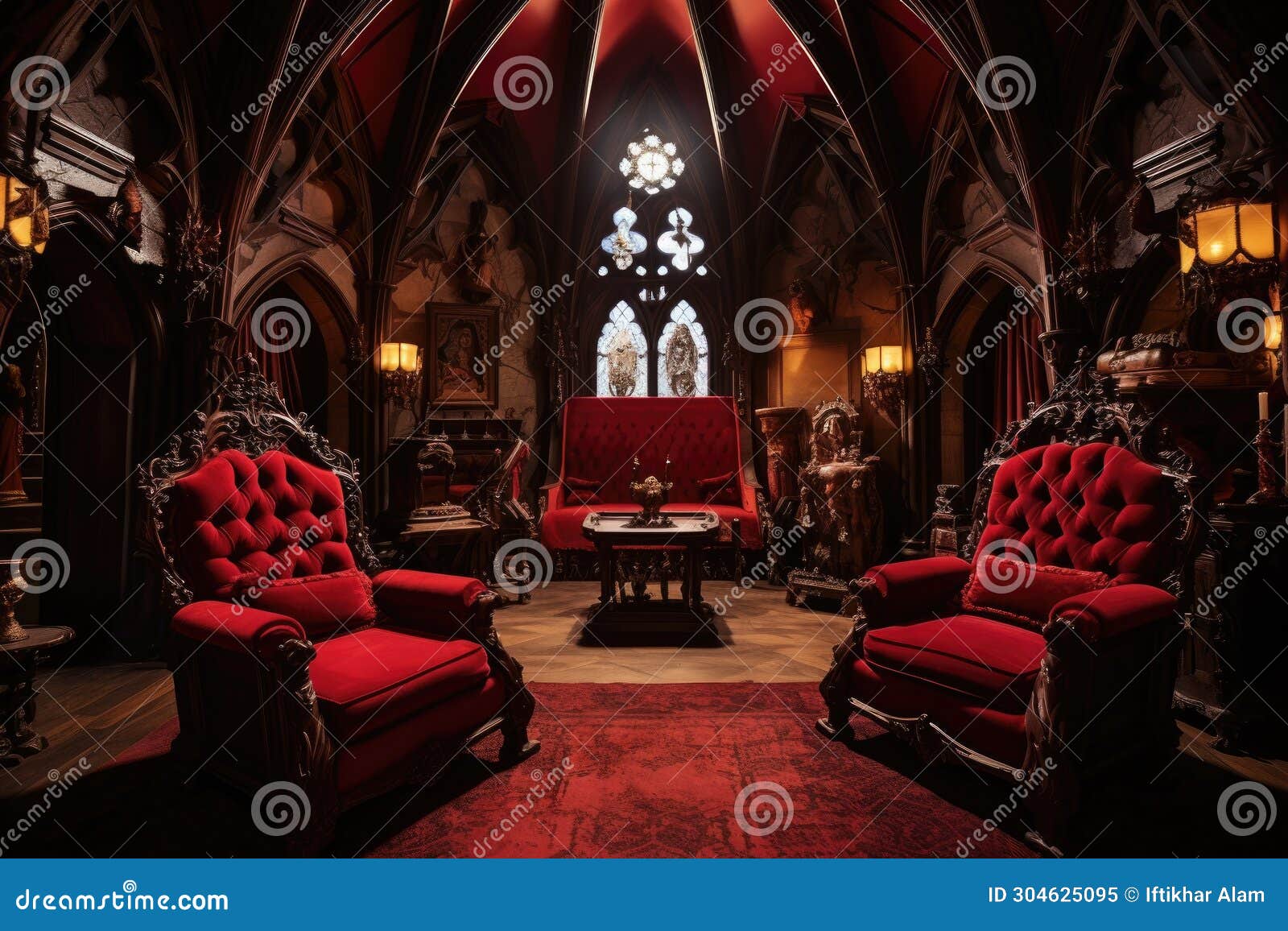 A Photograph Displaying a Red Room with Two Chairs and a Table ...