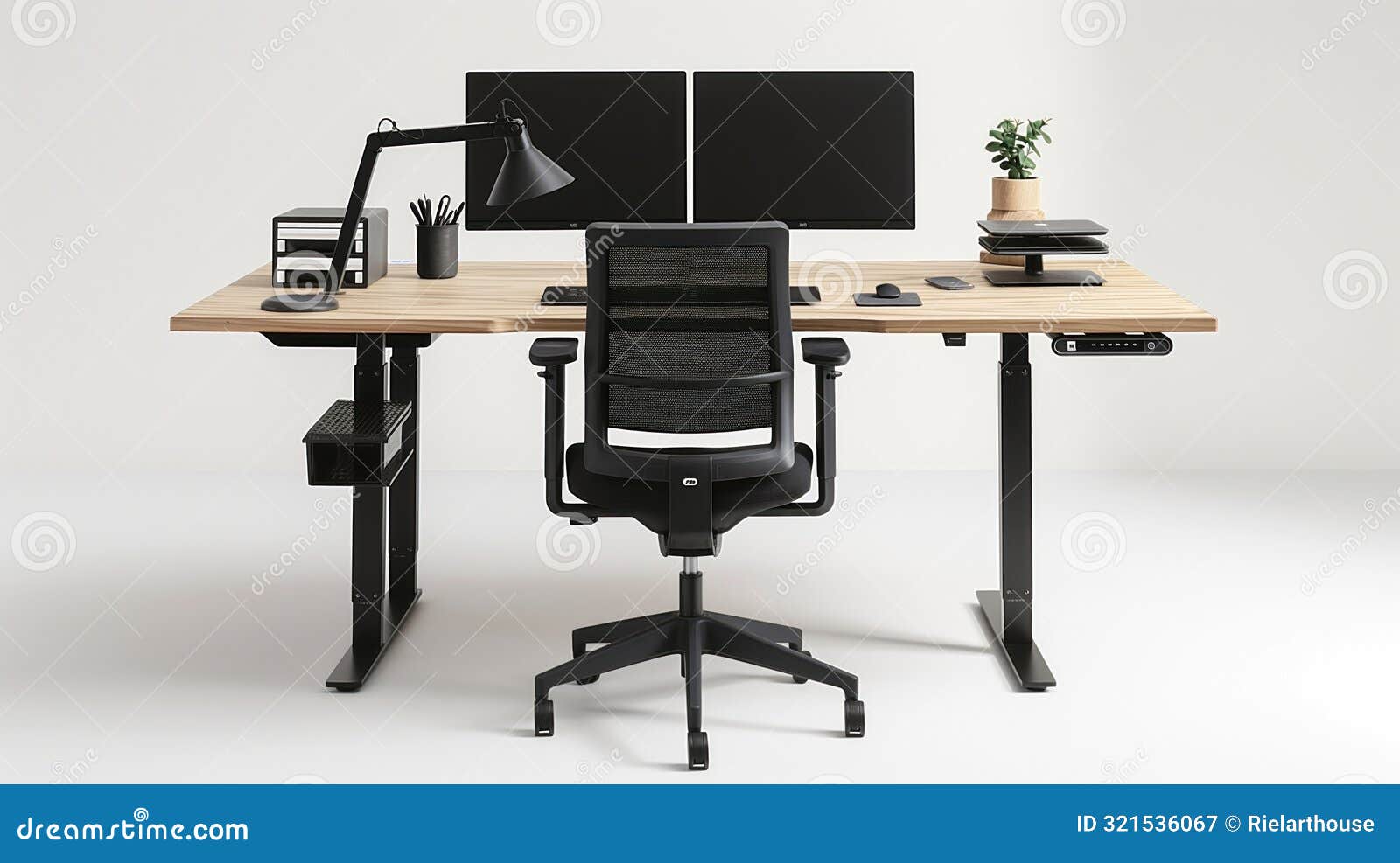 Ergonomic Computer Desk Setups with Multiple Screen Stock Illustration ...