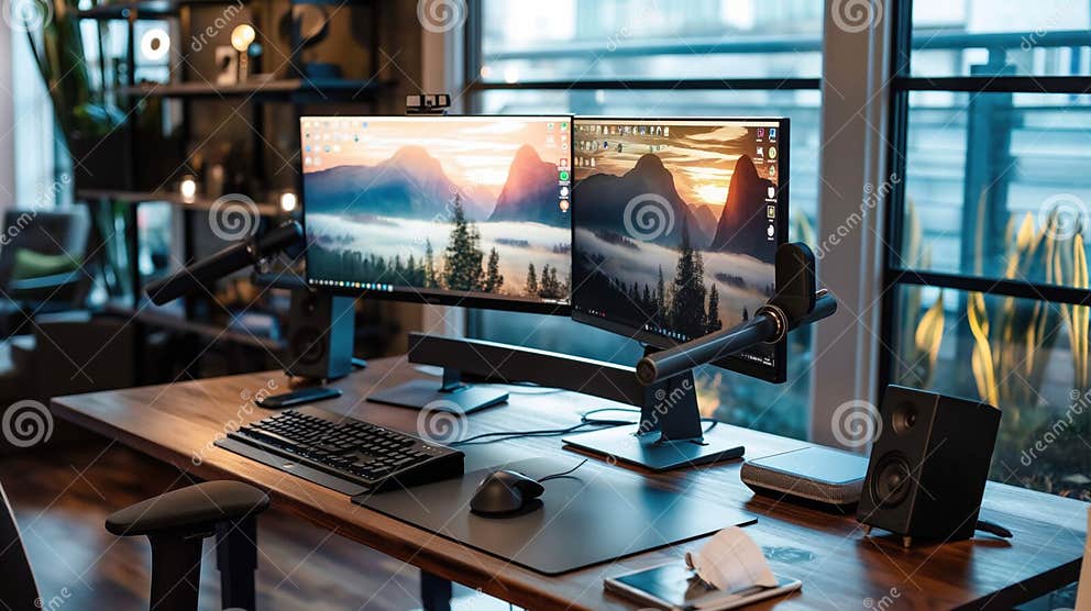 Ergonomic Computer Desk Setups with Multiple Screen Stock Illustration ...