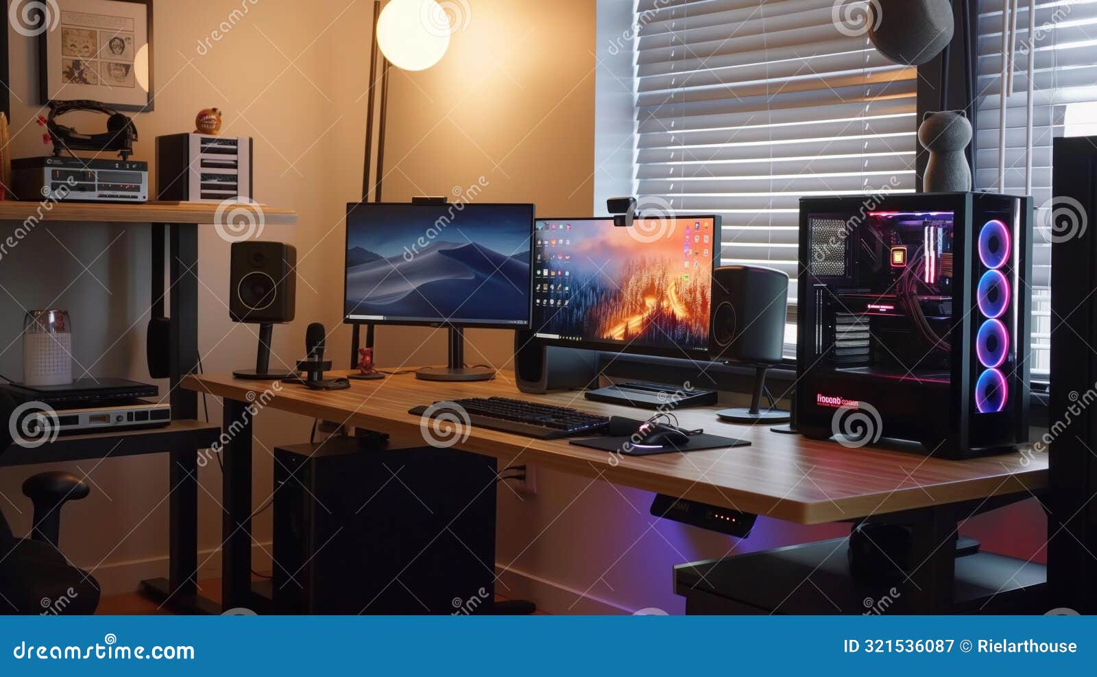 Ergonomic Computer Desk Setups with Multiple Screen Stock Illustration ...