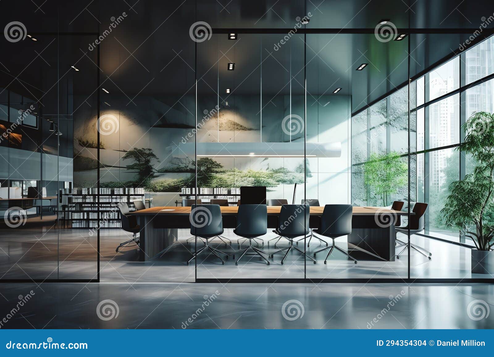 Photograph of Interior Modern Design Office with Glass Wall Work Office ...