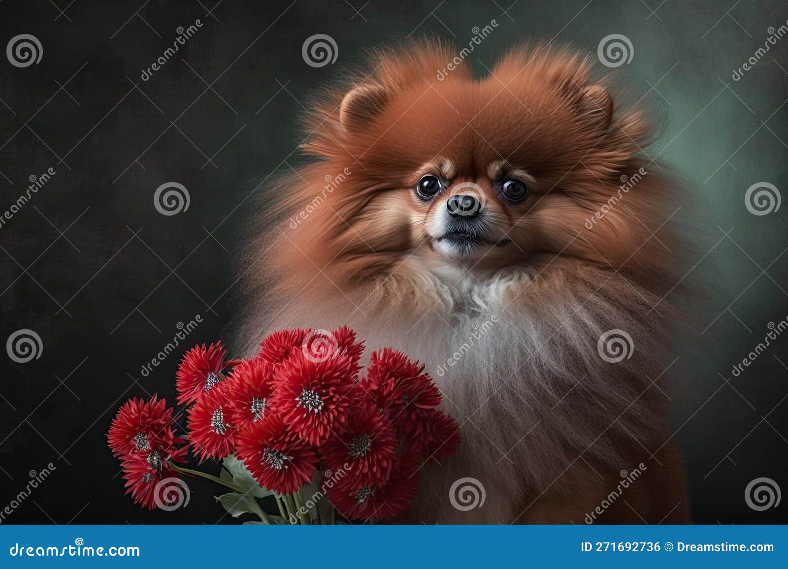 A Photograph of a Red Pomeranian with a Bouquet of Flowers Stock ...