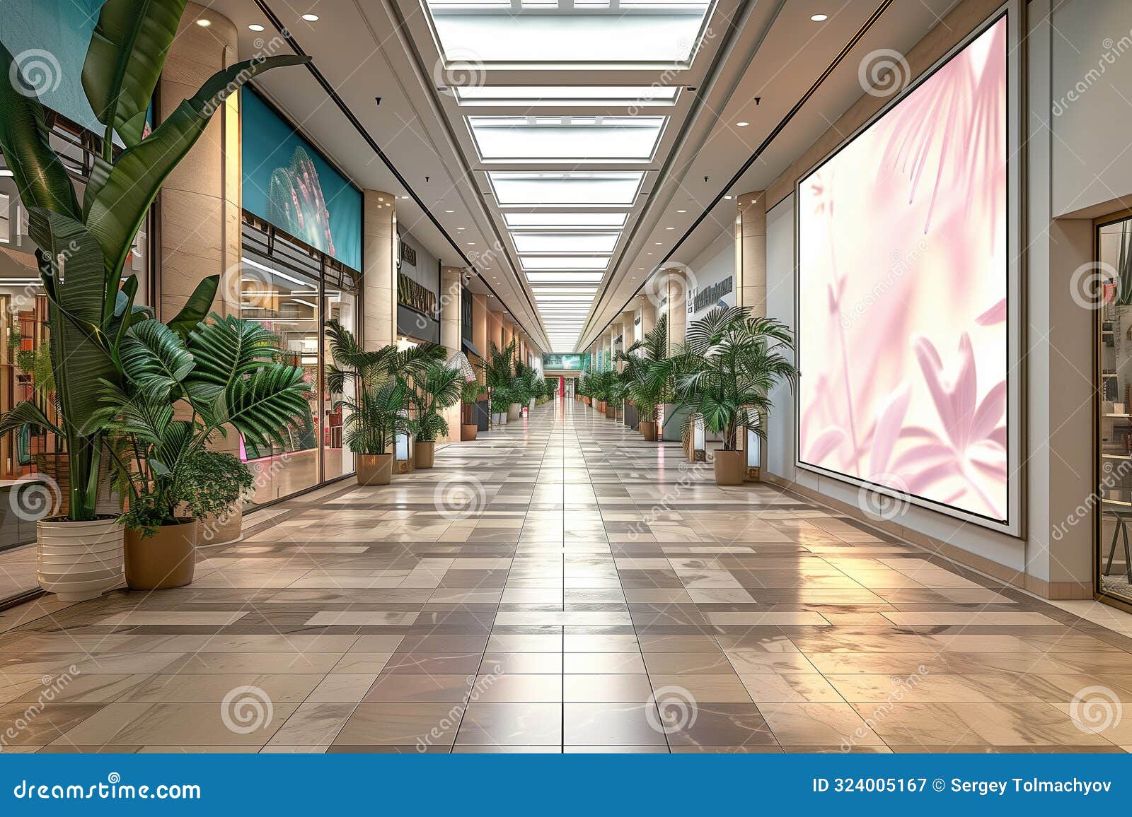 Empty Shopping Mall Corridor with Palm Trees and Large Digital Display ...