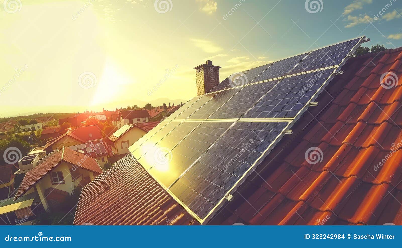 Harnessing Solar Energy: Rooftop Panels Stock Photo - Image of ...