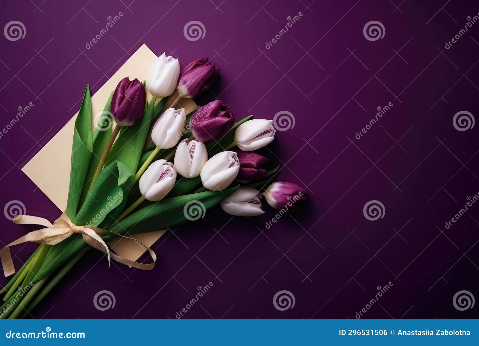 Photograph of Top View of Copy Space and Purple Envelope and Bouquet of ...
