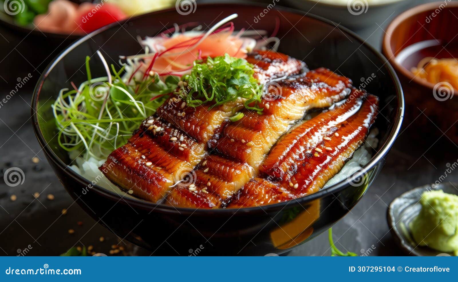 Japanese Unadon Kabayaki, Grilled Eel Over Rice In A Black Bow Stock ...