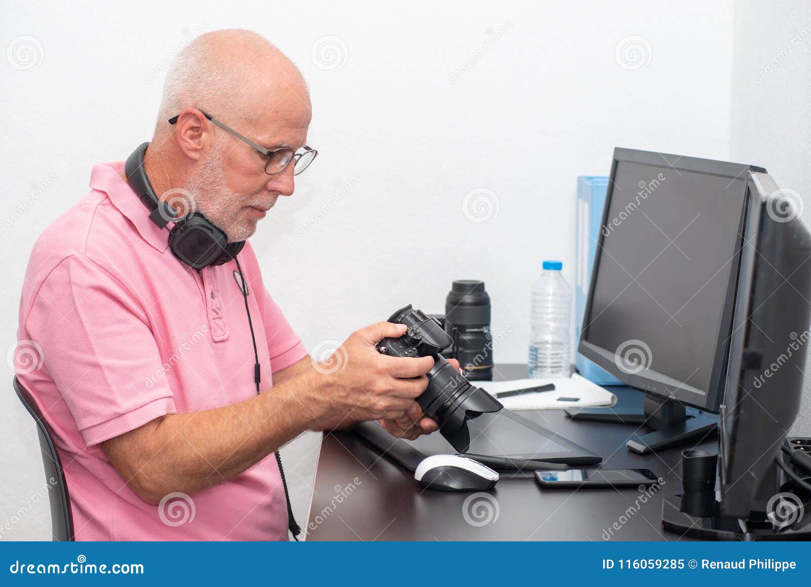 Photographer and Camera at Office with Computer Stock Image - Image of ...